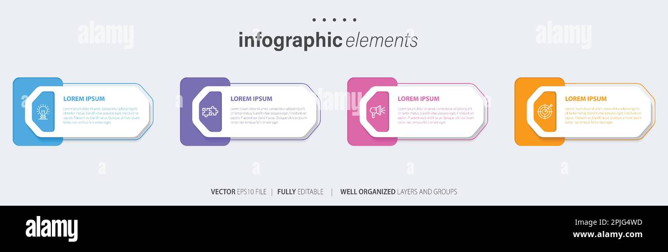 Business infographic elements template design with icons and 4 options or steps. Vector ...