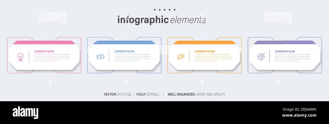 Business infographic elements template design with icons and 4 options or steps. Vector ...