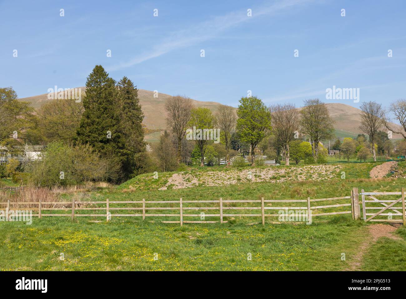 View of the gardens in the Sedbergh village. Sunny spring day. Sedbergh ...