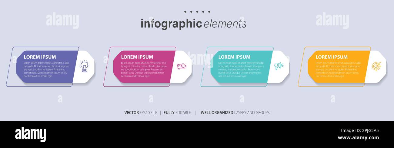 Business infographic elements template design with icons and 4 options or steps. Vector ...