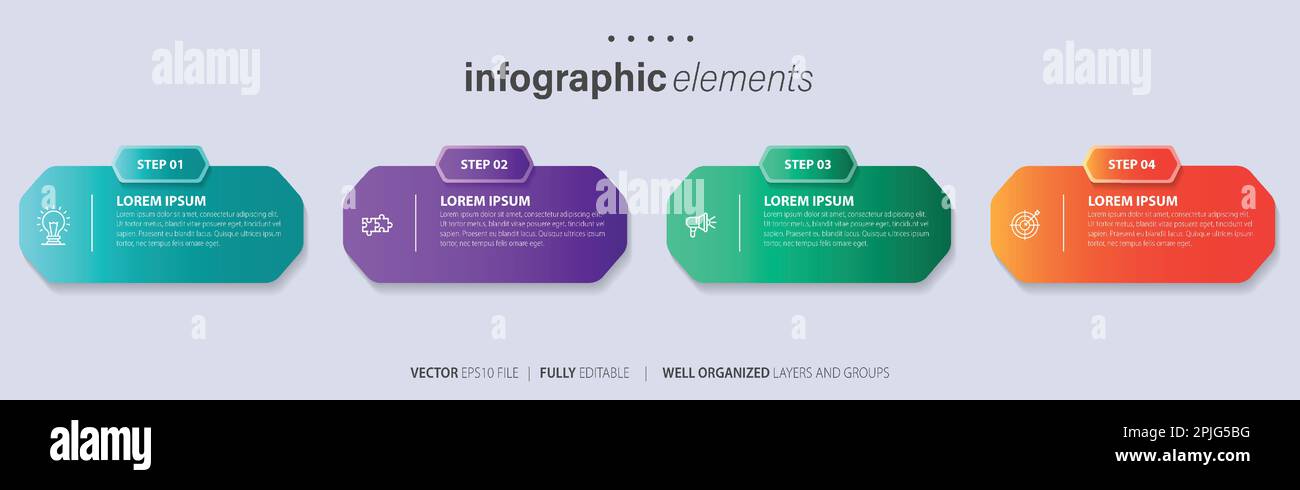 Business infographic elements template design with icons and 4 options or steps. Vector ...
