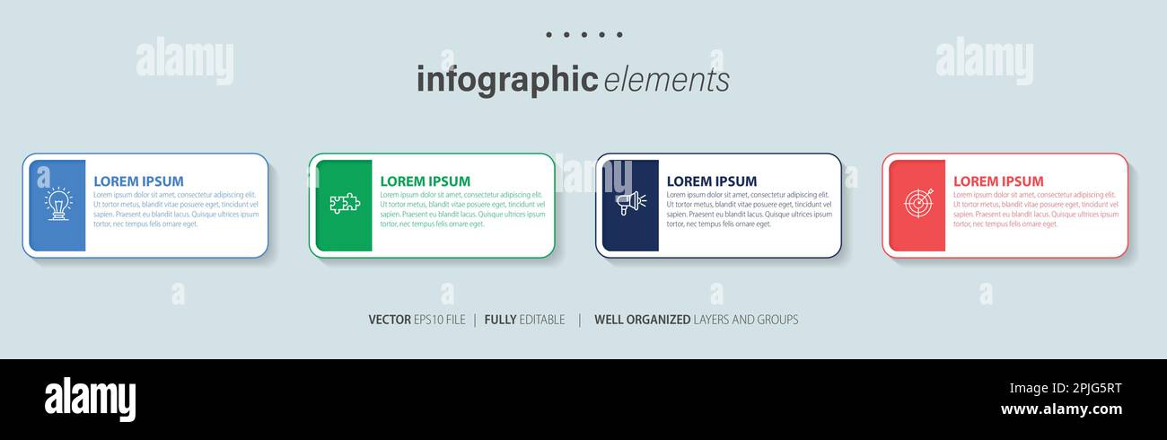 Business infographic elements template design with icons and 4 options or steps. Vector ...