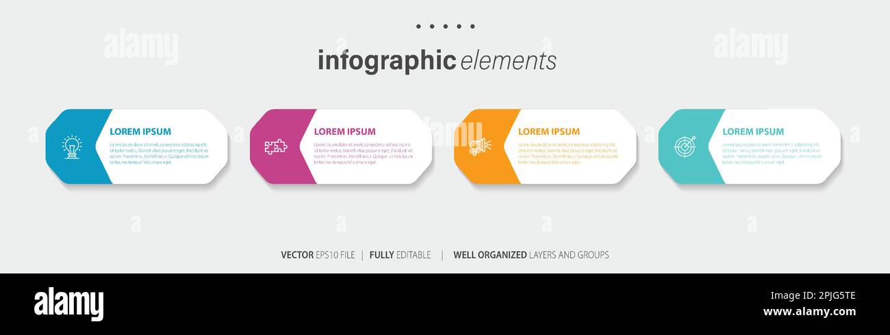 Business infographic elements template design with icons and 4 options or steps. Vector ...