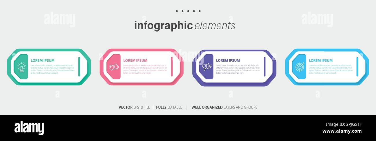 Business infographic elements template design with icons and 4 options or steps. Vector ...