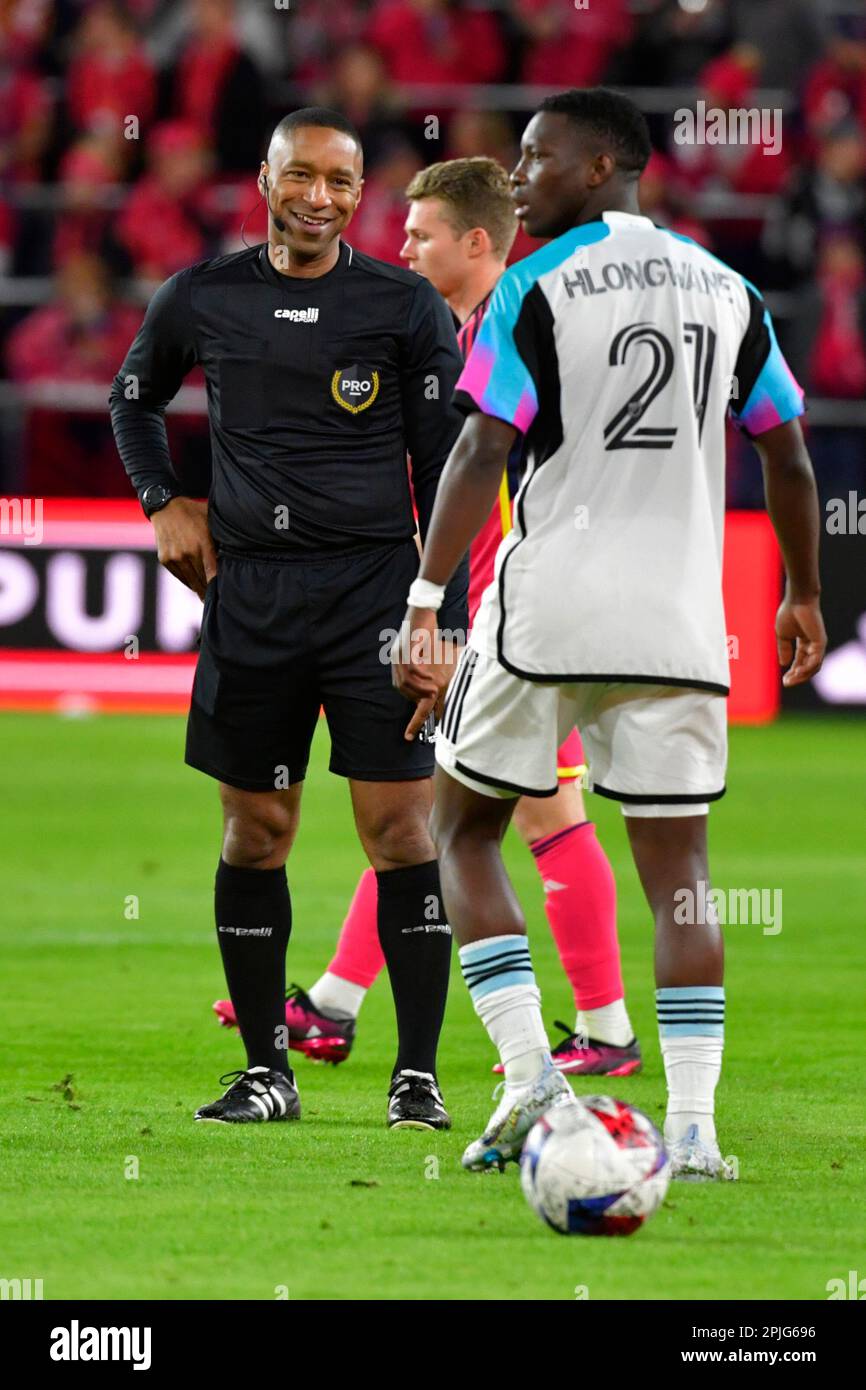 St. Louis, USA. 01st Apr, 2023. Referee Jon Freeman smiles at Minnesota ...