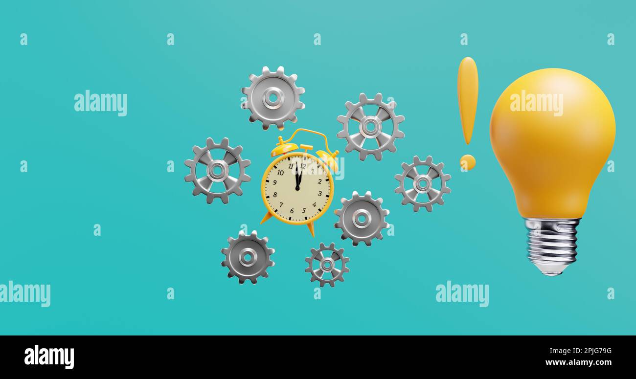 Ideas invention innovation brainstorming deadline.Gears alarm clock light bulb. 3d rendering ...