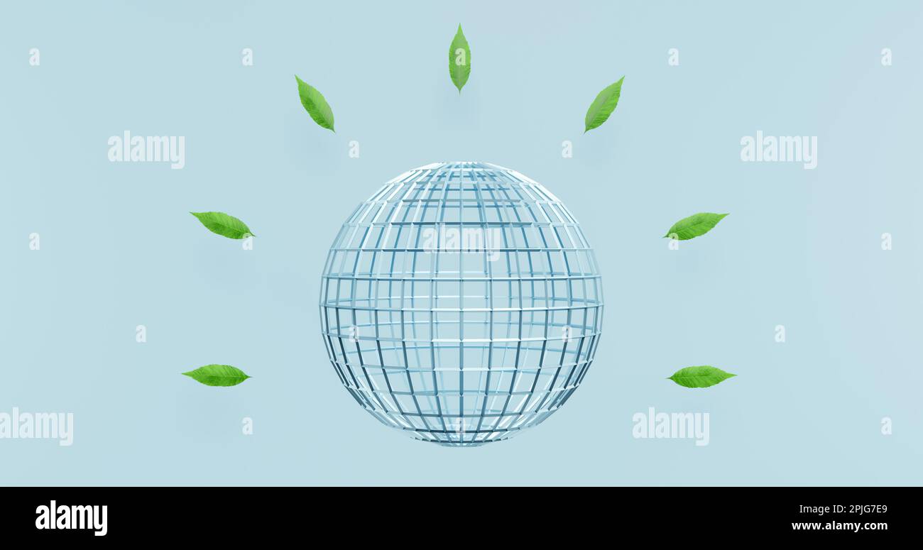 Sphere planet, globe with a grid with leaves on a blue background ...