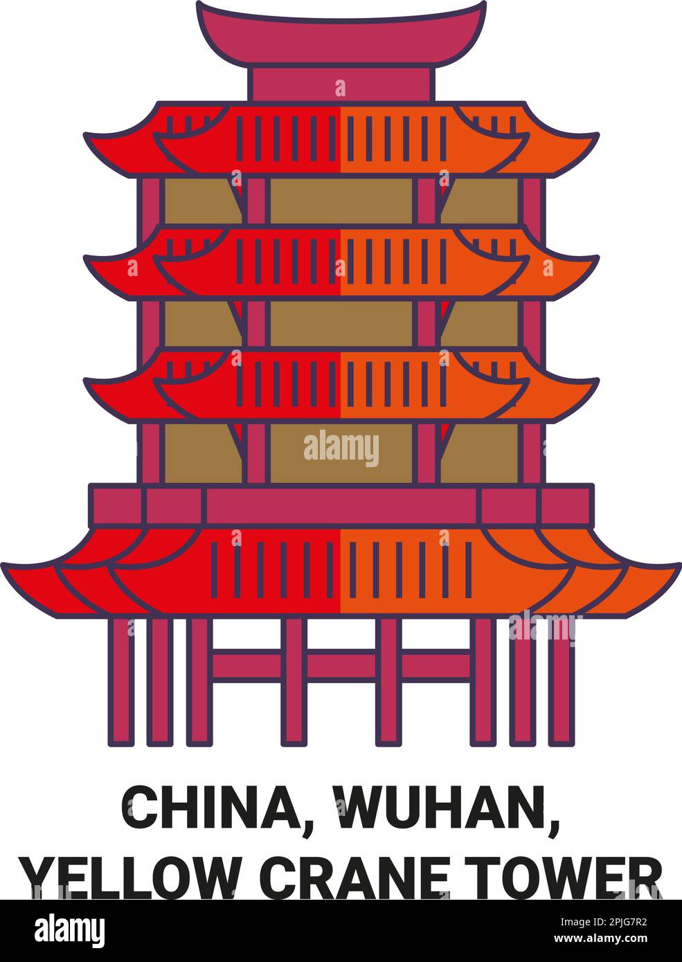China, Wuhan, Yellow Crane Tower travel landmark vector illustration ...