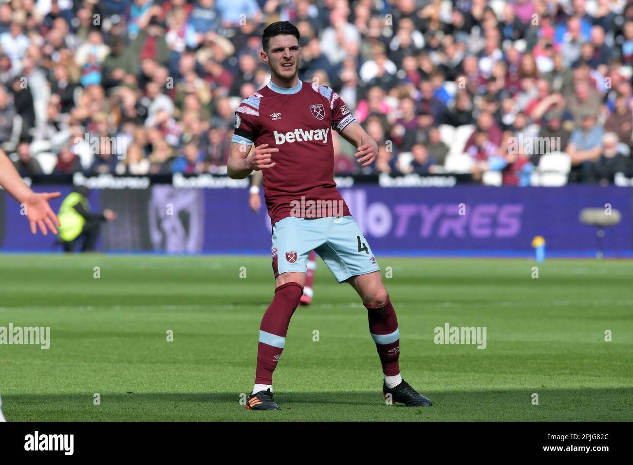 London, UK. 2nd Apr, 2023. Declan Rice of West Ham Utd during the West ...