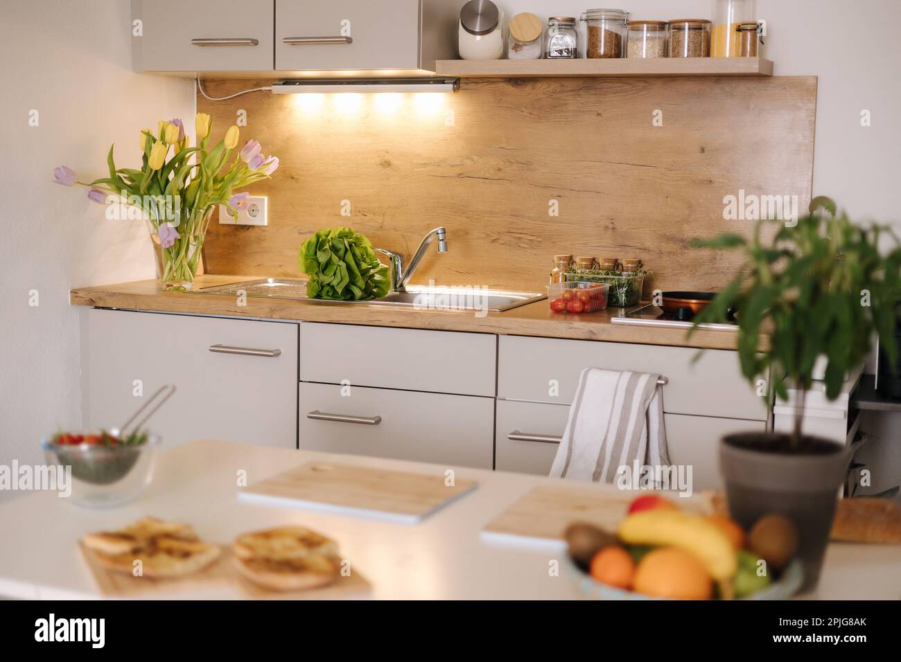 Bright kitchen with different ingredients. Interior of kitchen. No ...