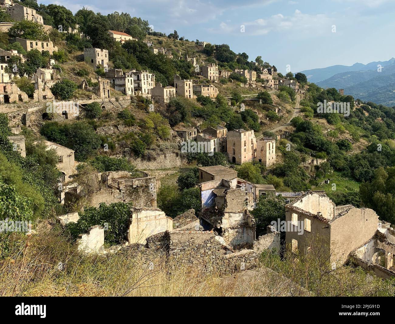 old ghost town with crumbled houses Gairo Vecchio in Sardinia Stock ...