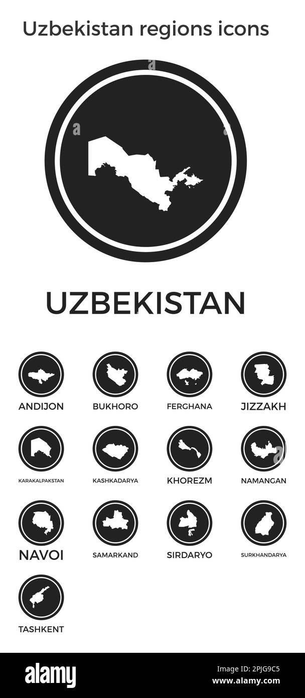 Uzbekistan regions icons. Black round logos with country regions maps ...