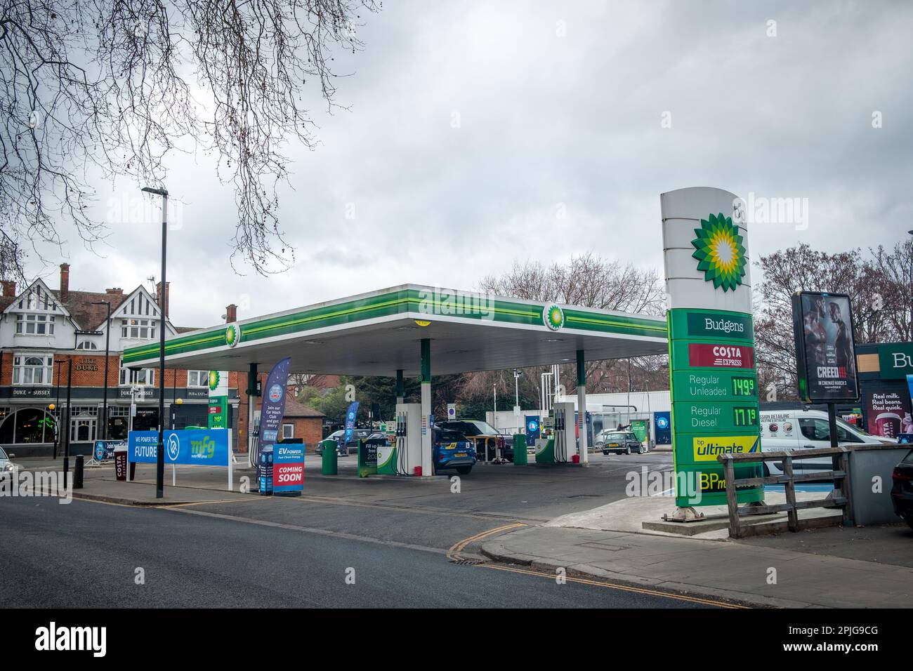 London- February 2023: BP garage with Costa express and Budgens in Chiswick, west London Stock ...