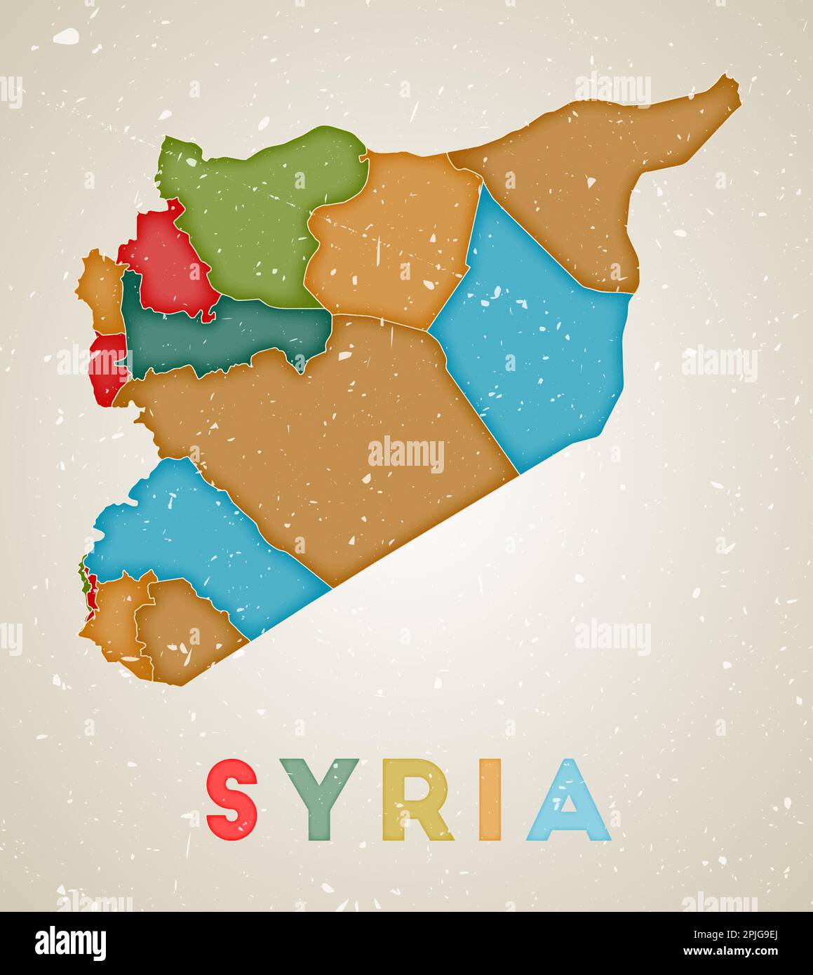 Syria map. Country poster with colored regions. Old grunge texture ...