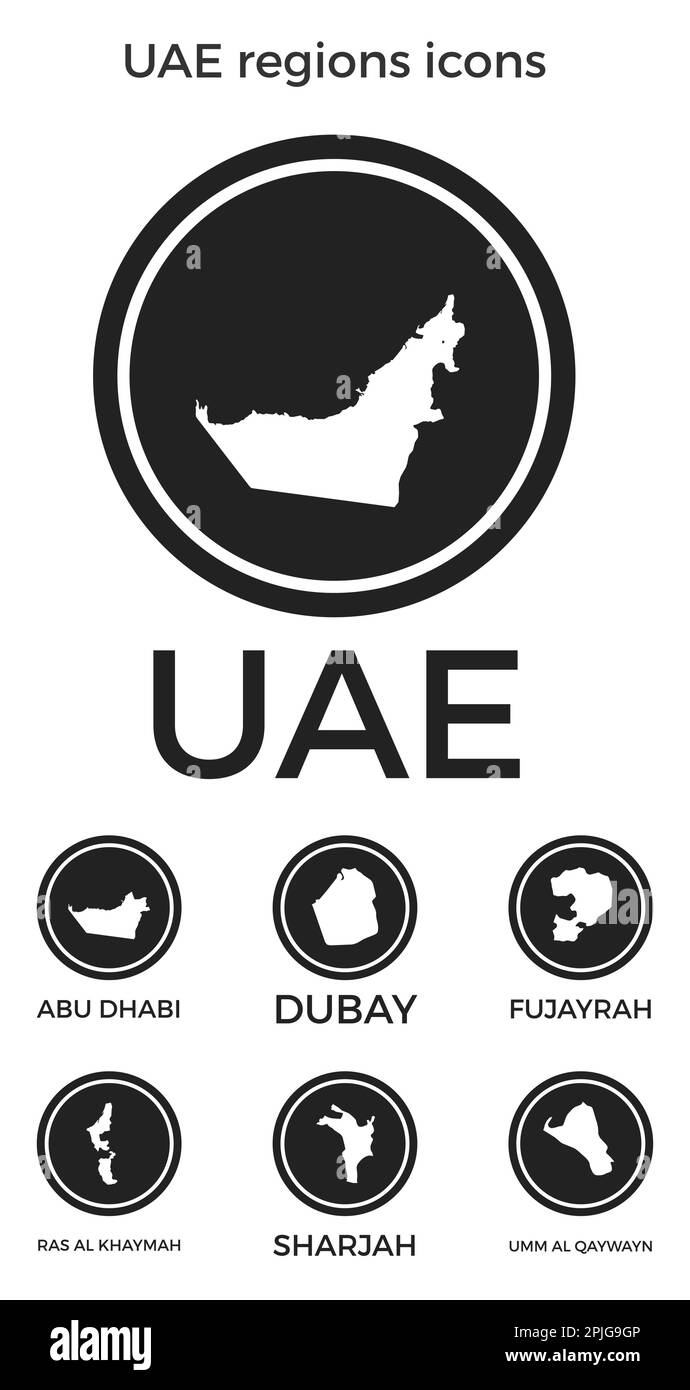 UAE regions icons. Black round logos with country regions maps and ...