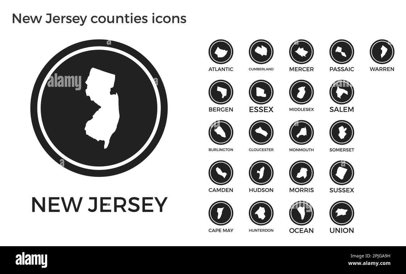 New Jersey counties icons. Black round logos with US state counties ...