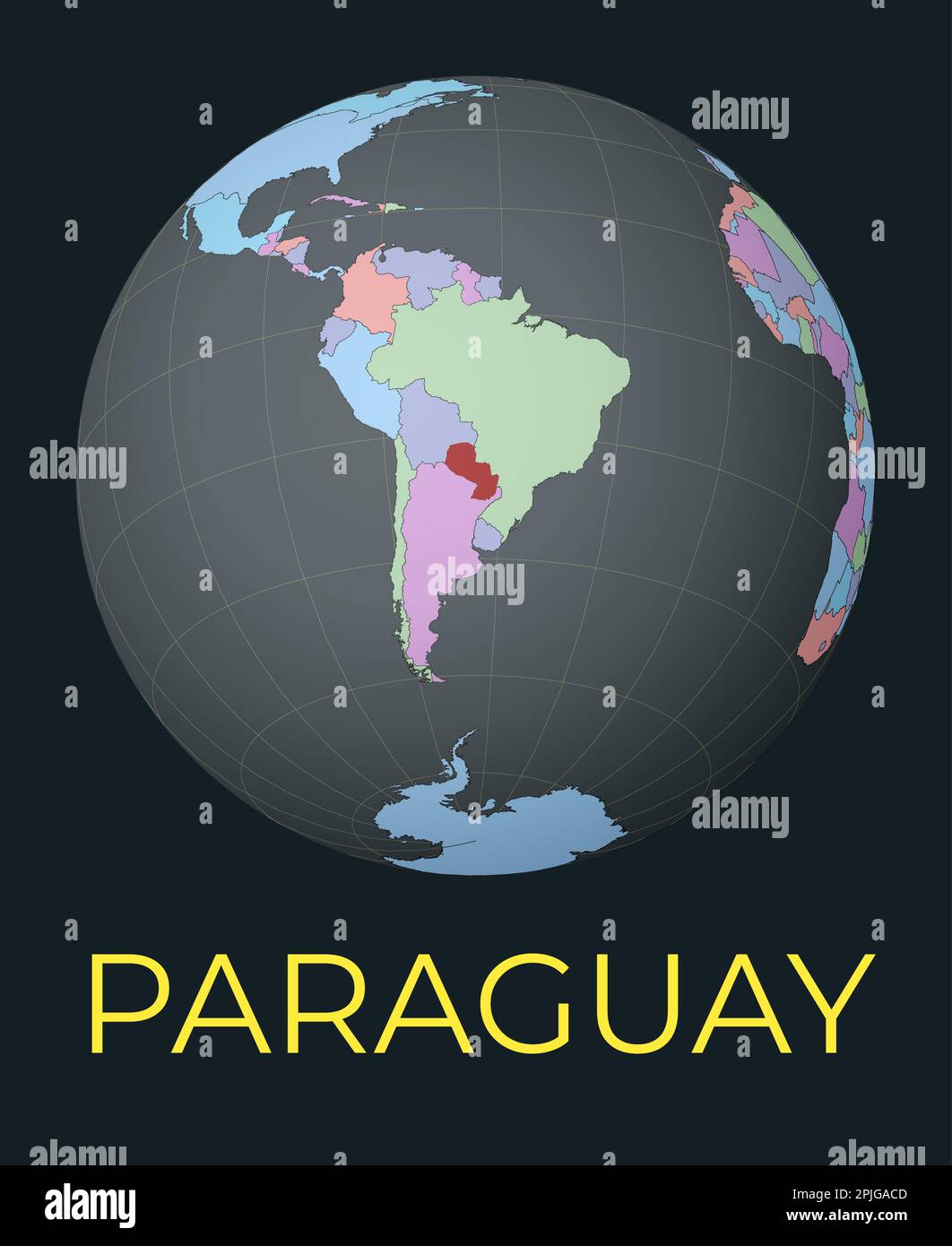 World map centered on Paraguay. Red country highlighted. Satellite ...