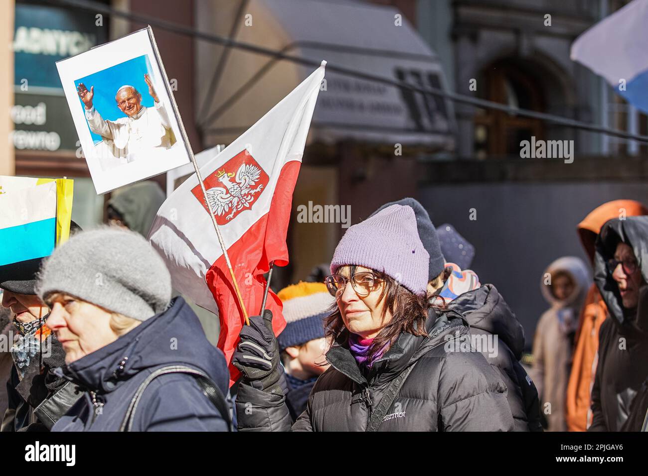Gdansk, Poland April, 2nd. 2023 Several hundred people with portraits ...