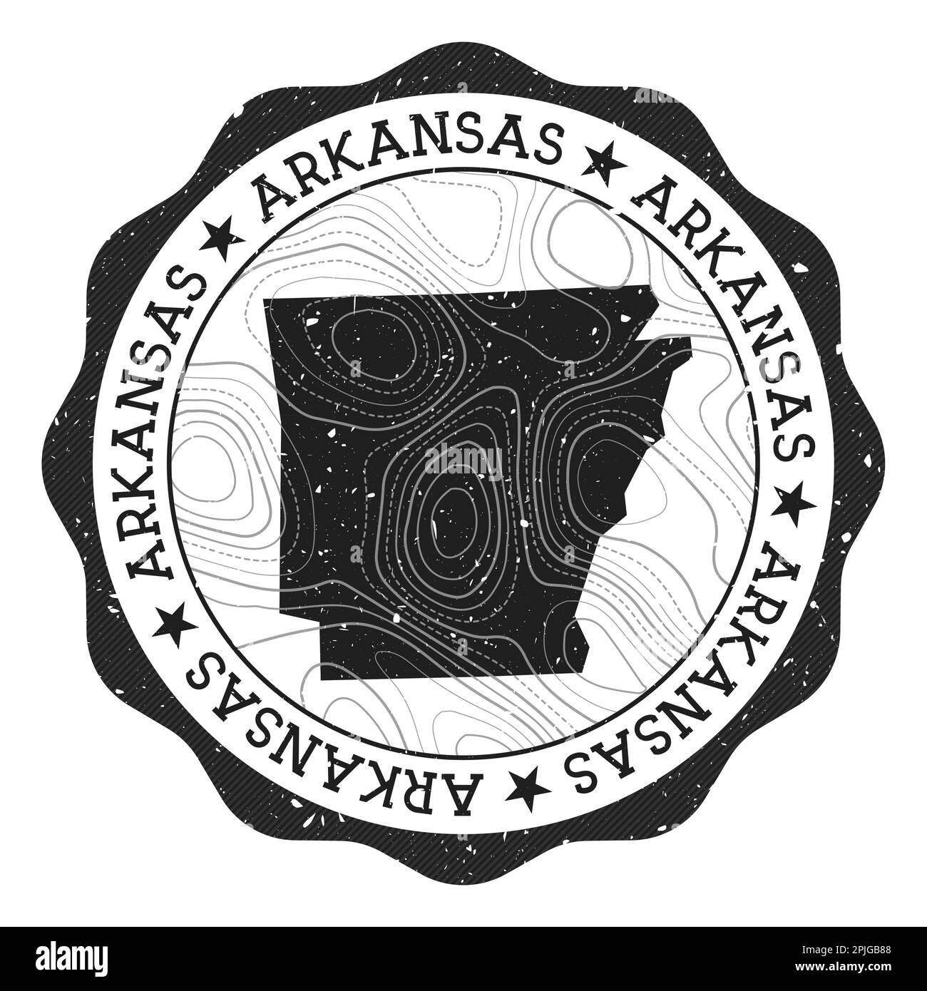 Arkansas outdoor stamp. Round sticker with map of US state with ...