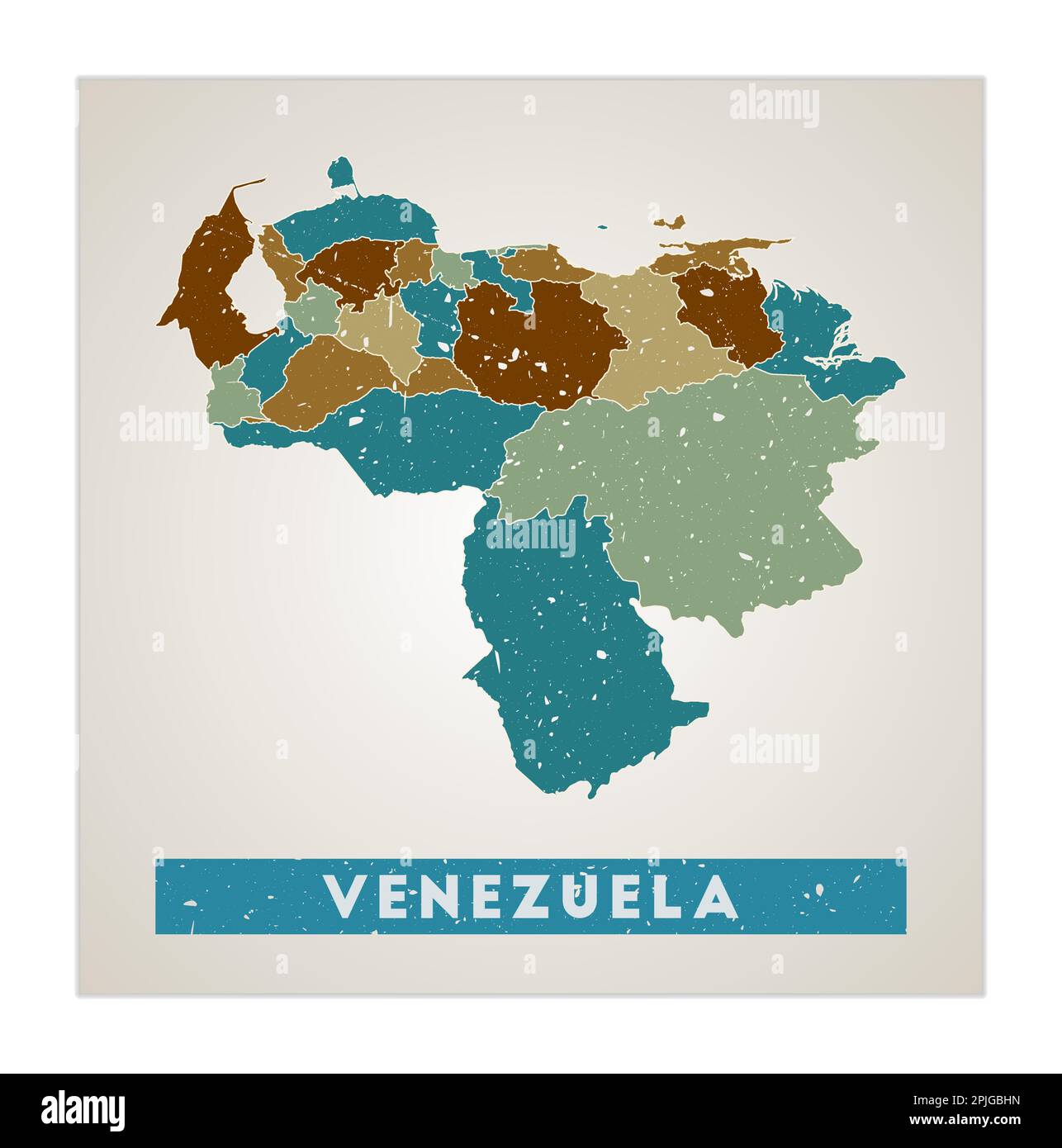 Venezuela map. Country poster with regions. Old grunge texture. Shape ...