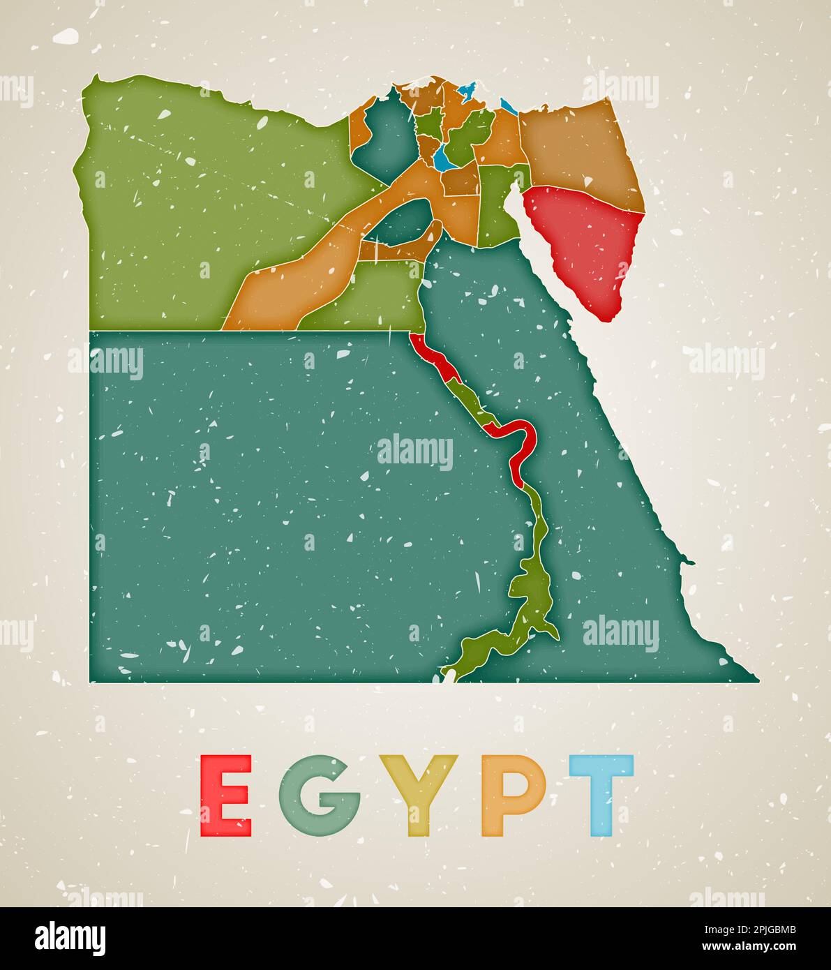 Egypt map. Country poster with colored regions. Old grunge texture ...
