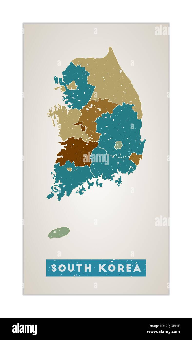 South Korea map. Country poster with regions. Old grunge texture. Shape ...