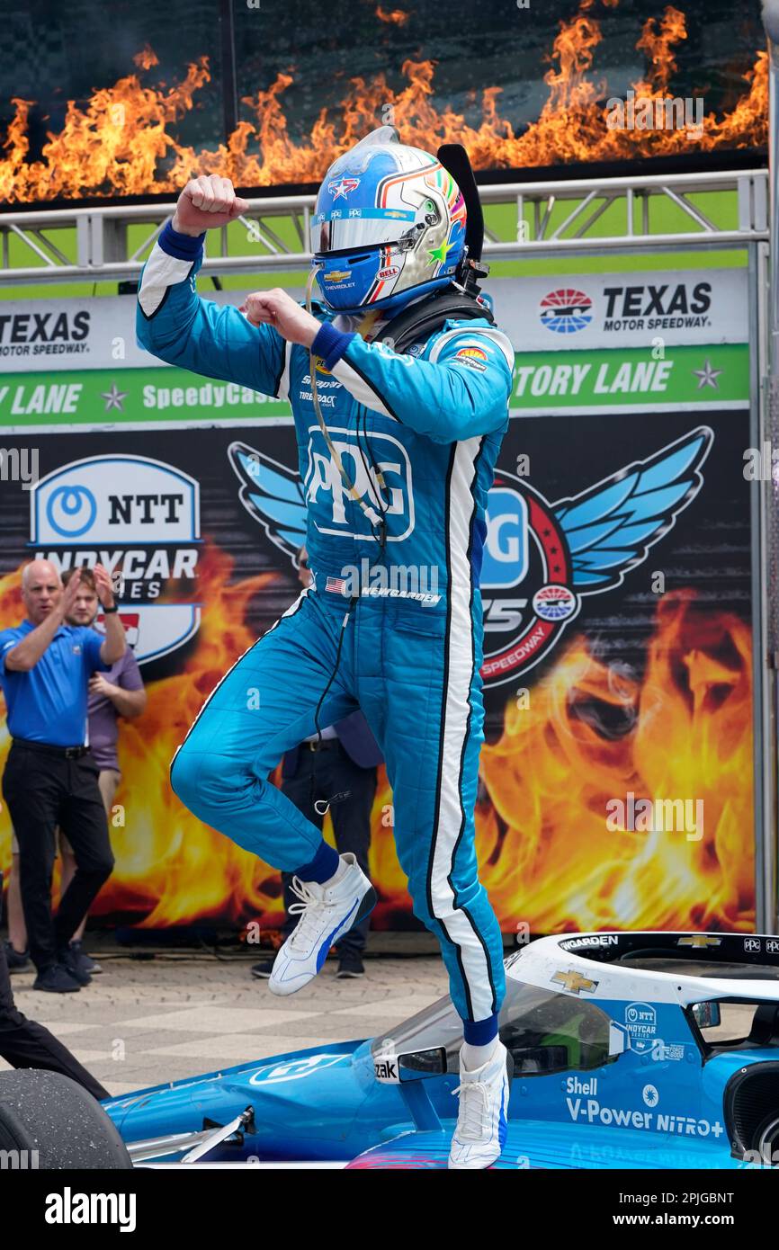 Josef Newgarden celebrates winning the IndyCar auto race at Texas Motor ...