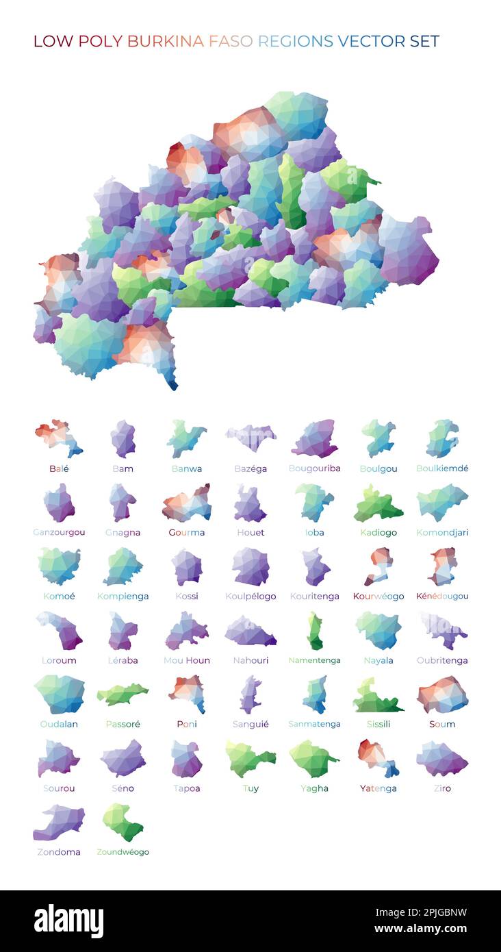 Burkinabe low poly regions. Polygonal map of Burkina Faso with regions. Geometric maps for your ...