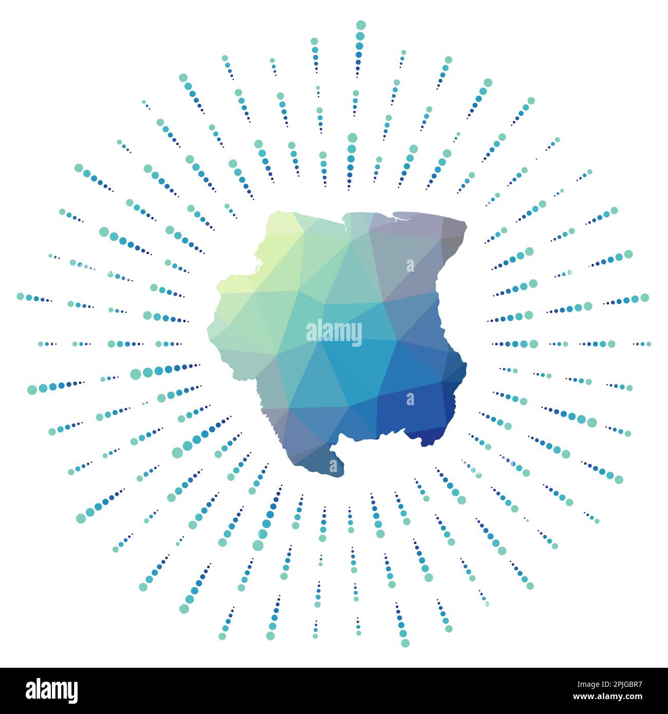 Shape of Suriname, polygonal sunburst. Map of the country with colorful ...