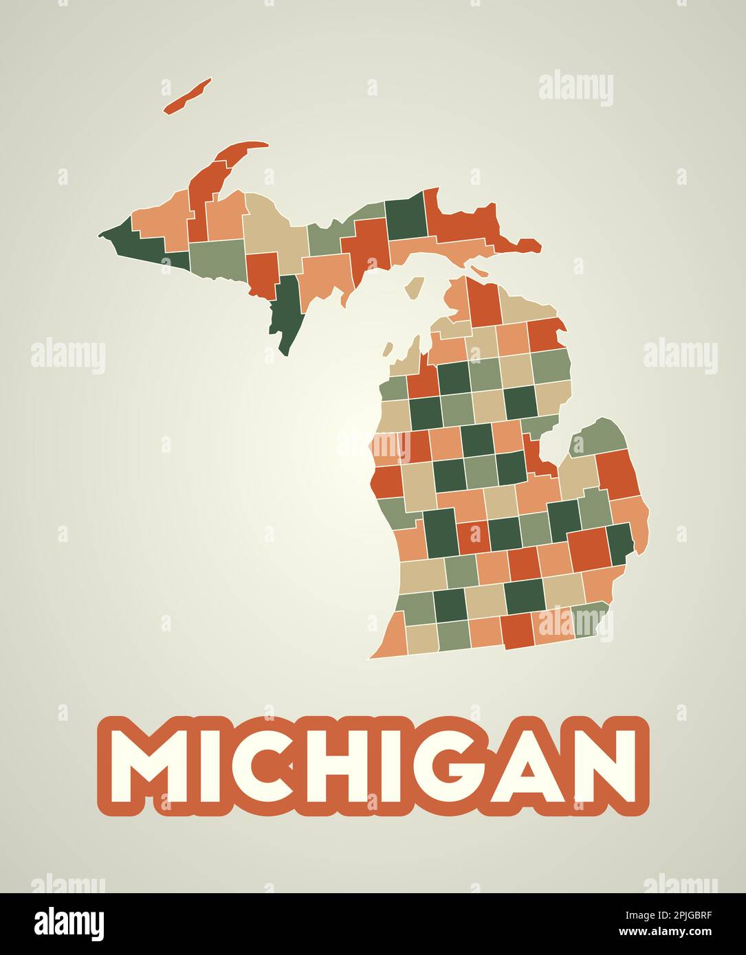 Michigan poster in retro style. Map of the US state with regions in ...
