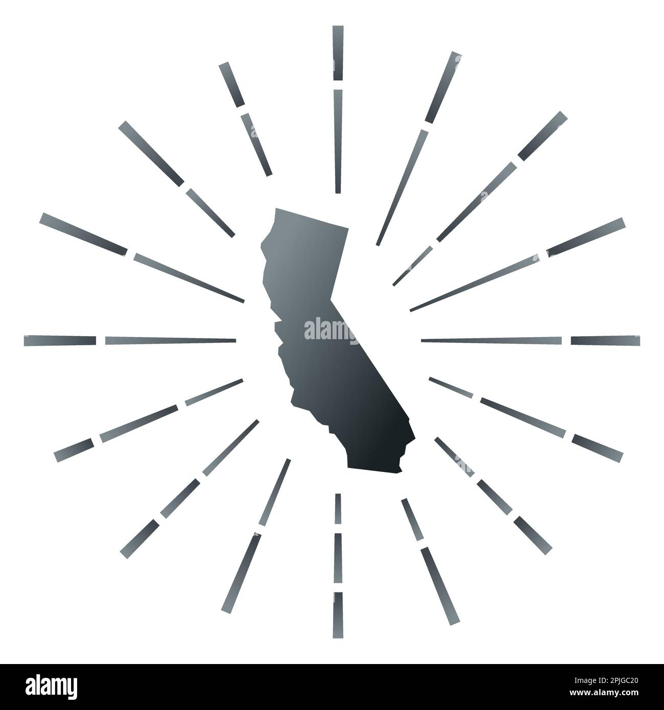 California gradiented sunburst. Map of the US state with colorful star ...