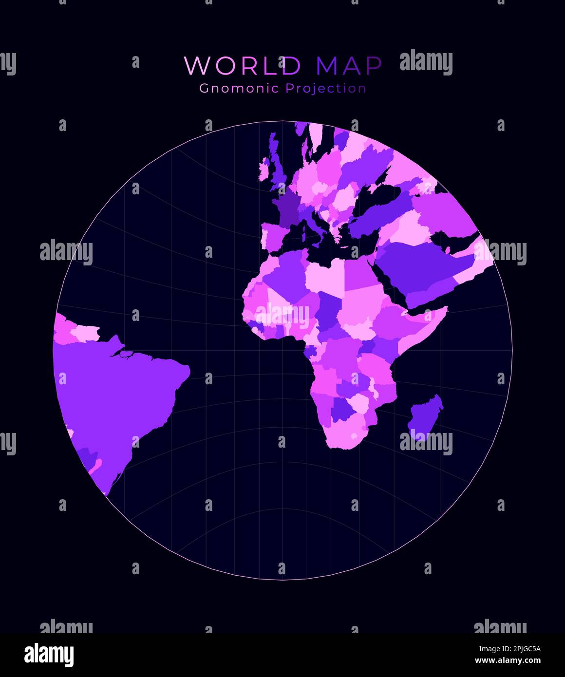 World Map. Gnomonic projection. Digital world illustration. Bright pink ...