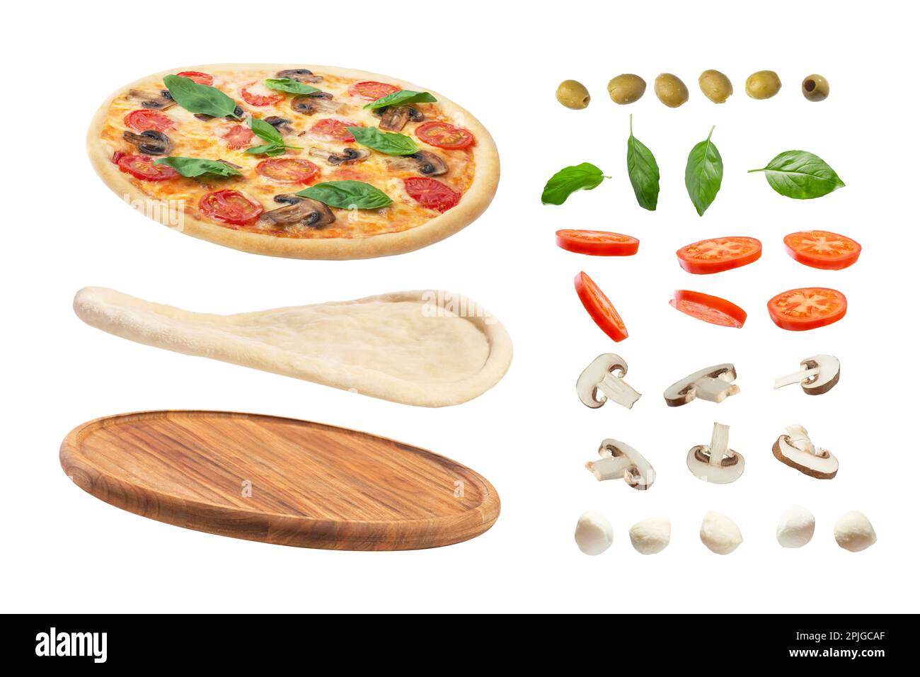 Pizza with mushrooms, tomatoes, cheese and basil on a white background ...