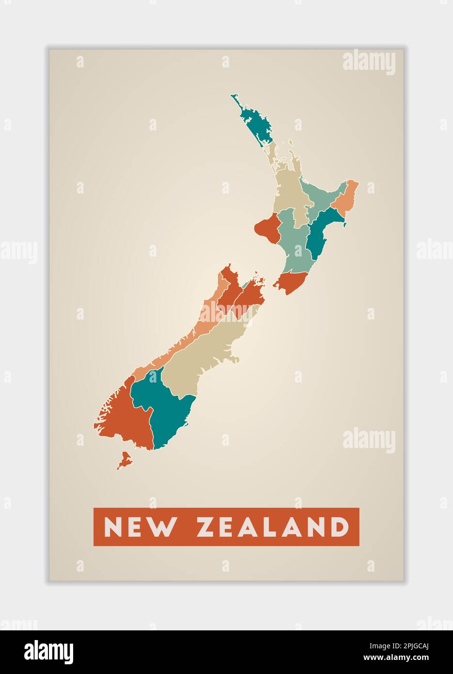 New Zealand poster. Map of the country with colorful regions. Shape of ...
