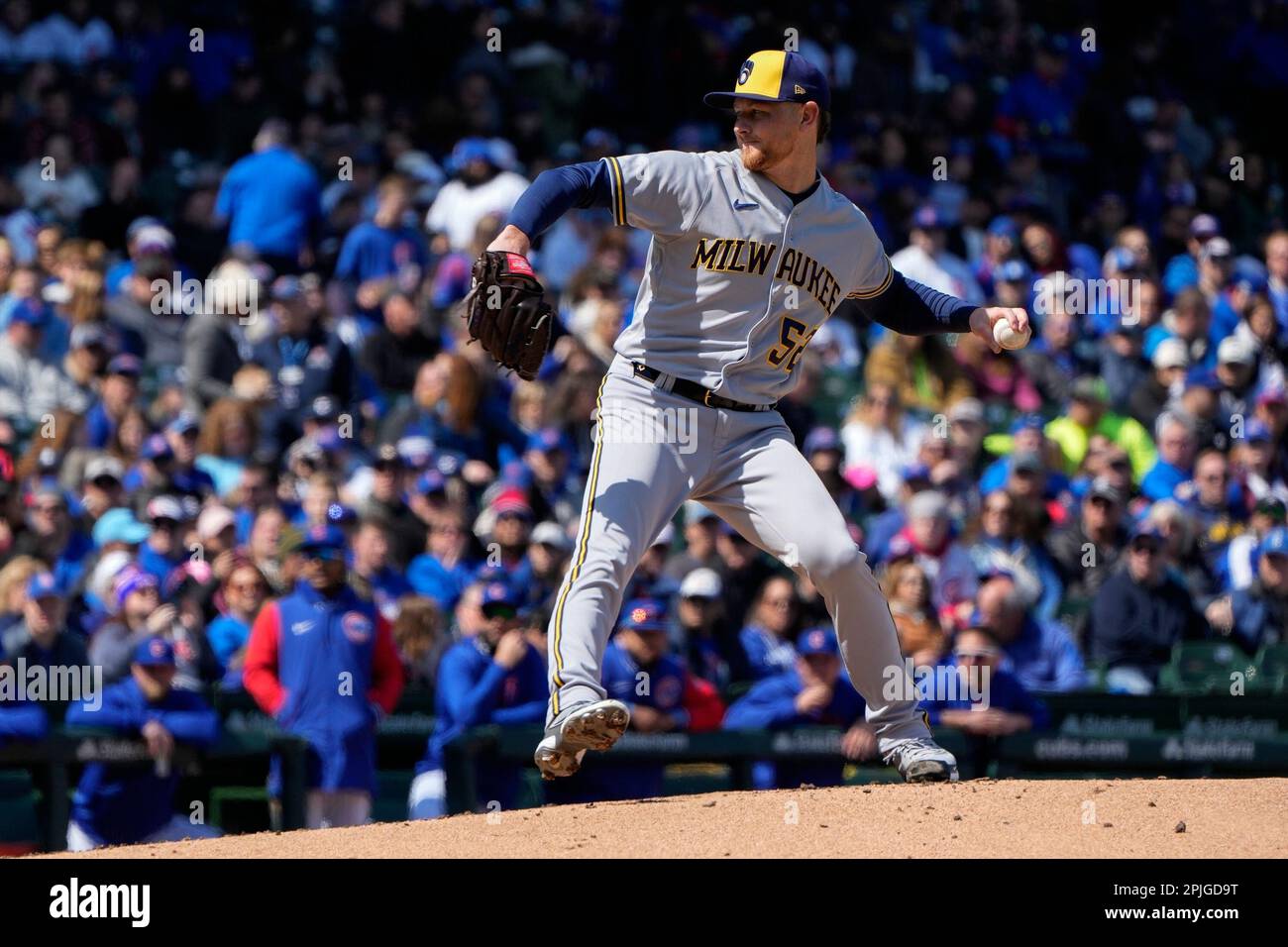 Milwaukee Brewers starting pitcher Eric Lauer throws during the first ...