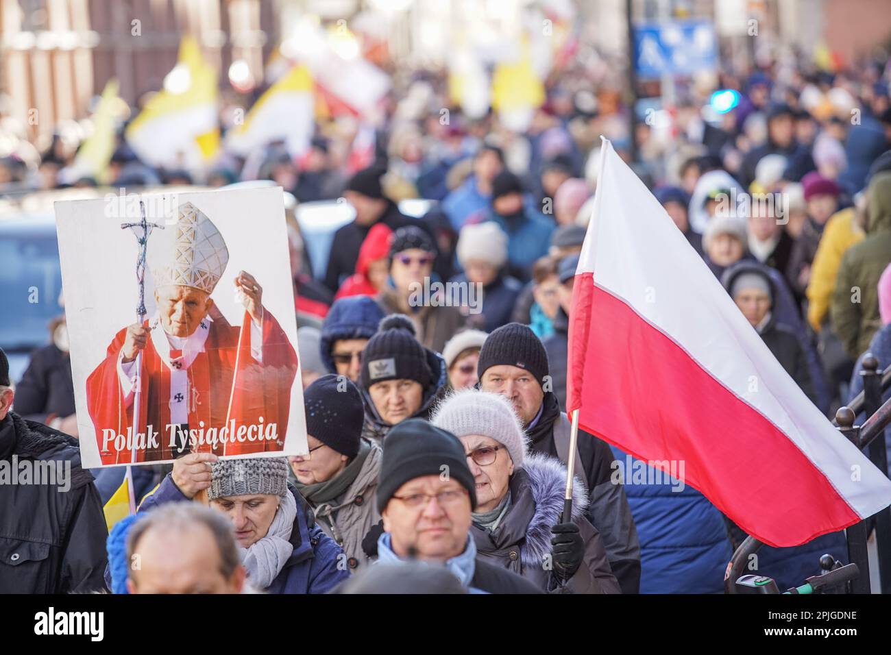 Gdansk, Poland April, 2nd. 2023 Several hundred people with portraits ...