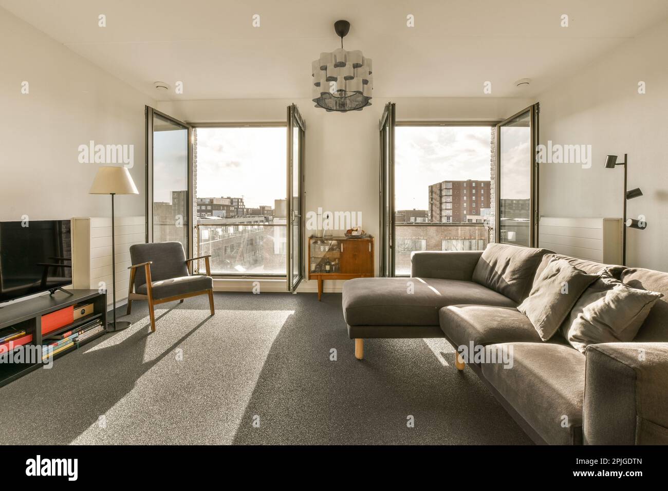 Living Room With Open Screen Window And Wall