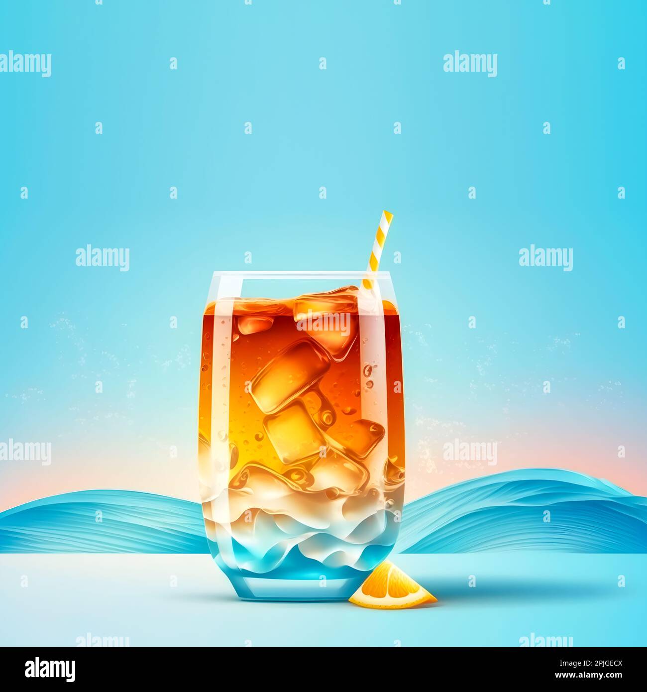 Glass of cold ice tea with ice cubes and straw on blue gradient ...