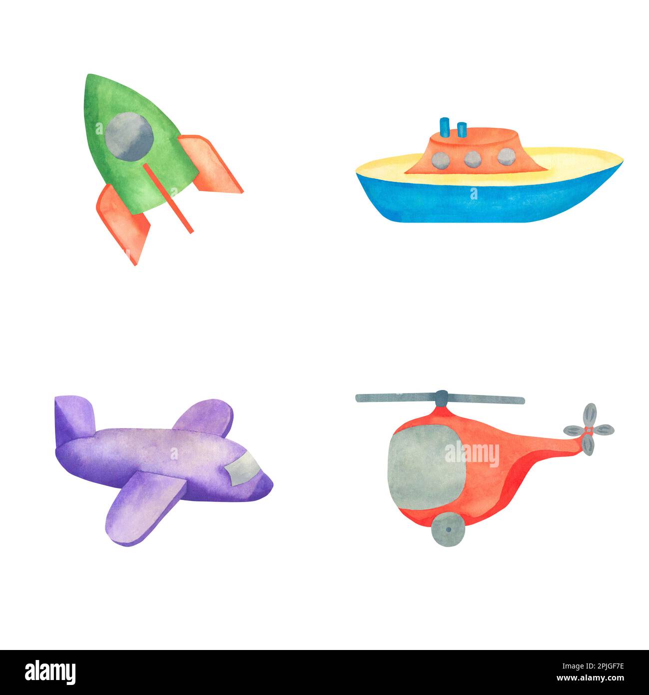 Kids toys. Watercolor illustration of a rocket, a boat, an airplane, a ...