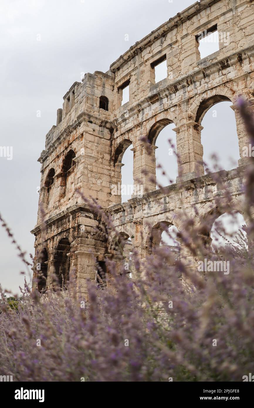 Vertical View of Pula Arena with Cloudy Sky. Roman Amphitheatre with ...
