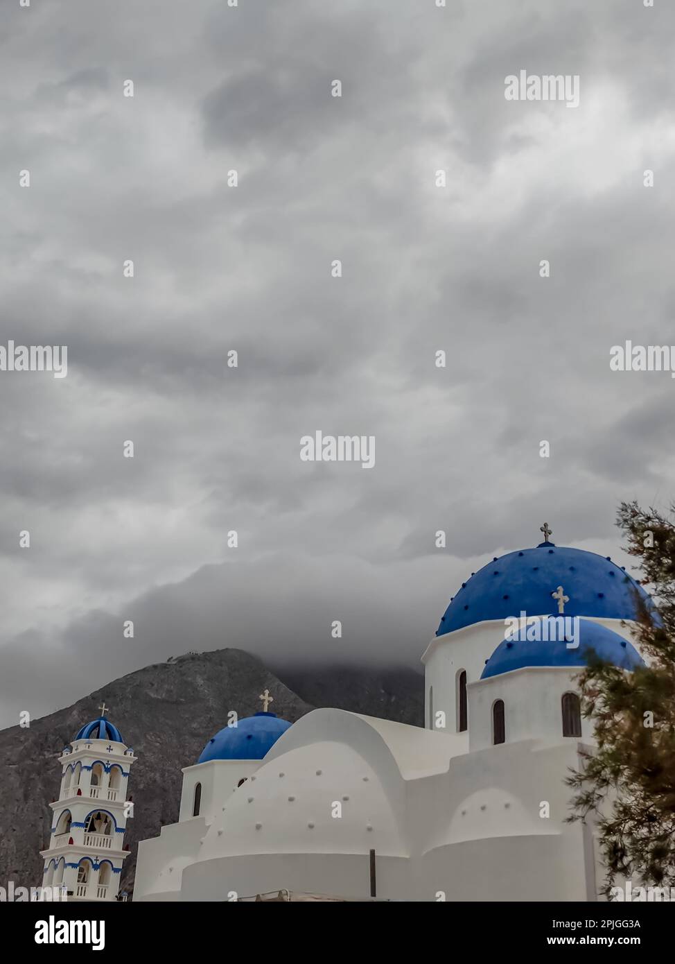 Traditional Greek church in Perissa, Santorini, Greece. Church of Holy ...