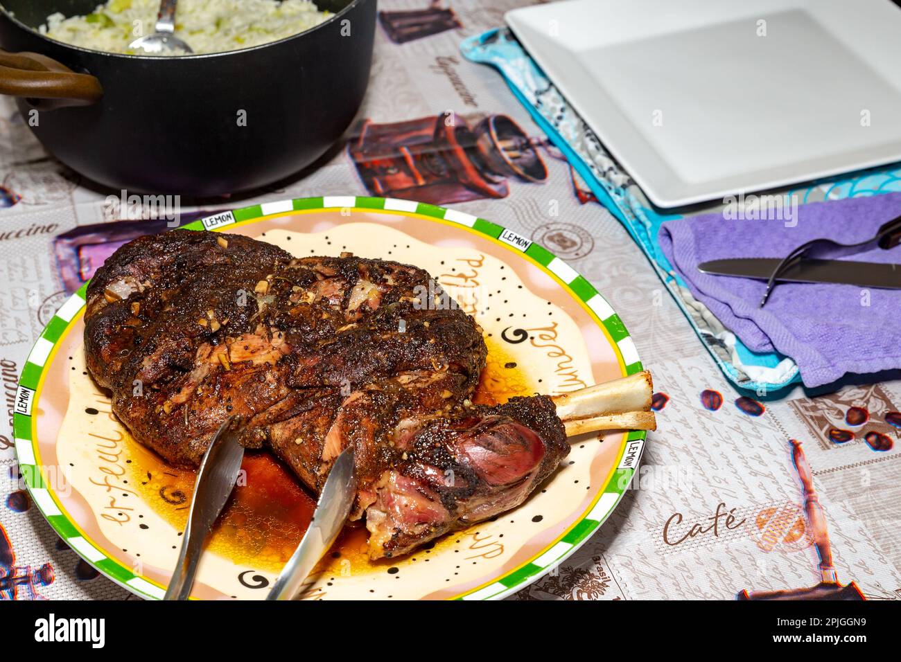 Traditional raw lamb shoulder meat ready to roast with Syrian seasoning ...
