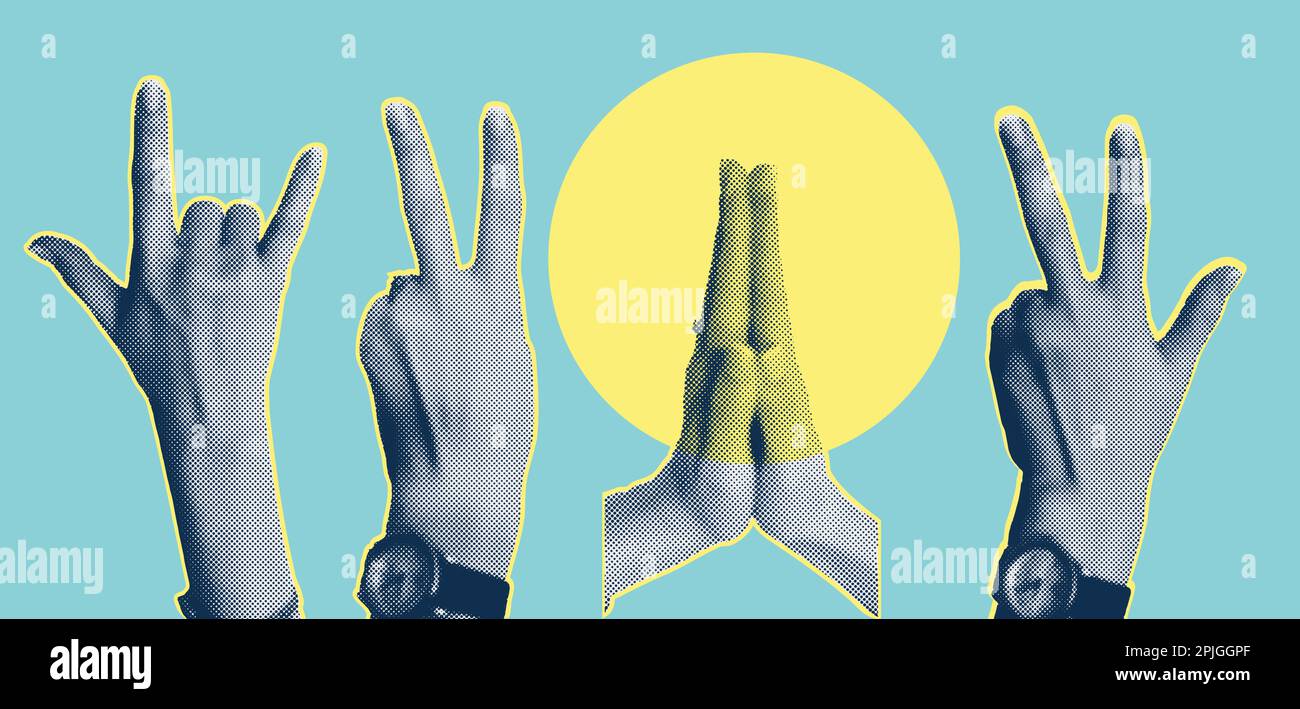 Trendy collage with hand gestures, cutout shapes Symbol win, like, punk ...