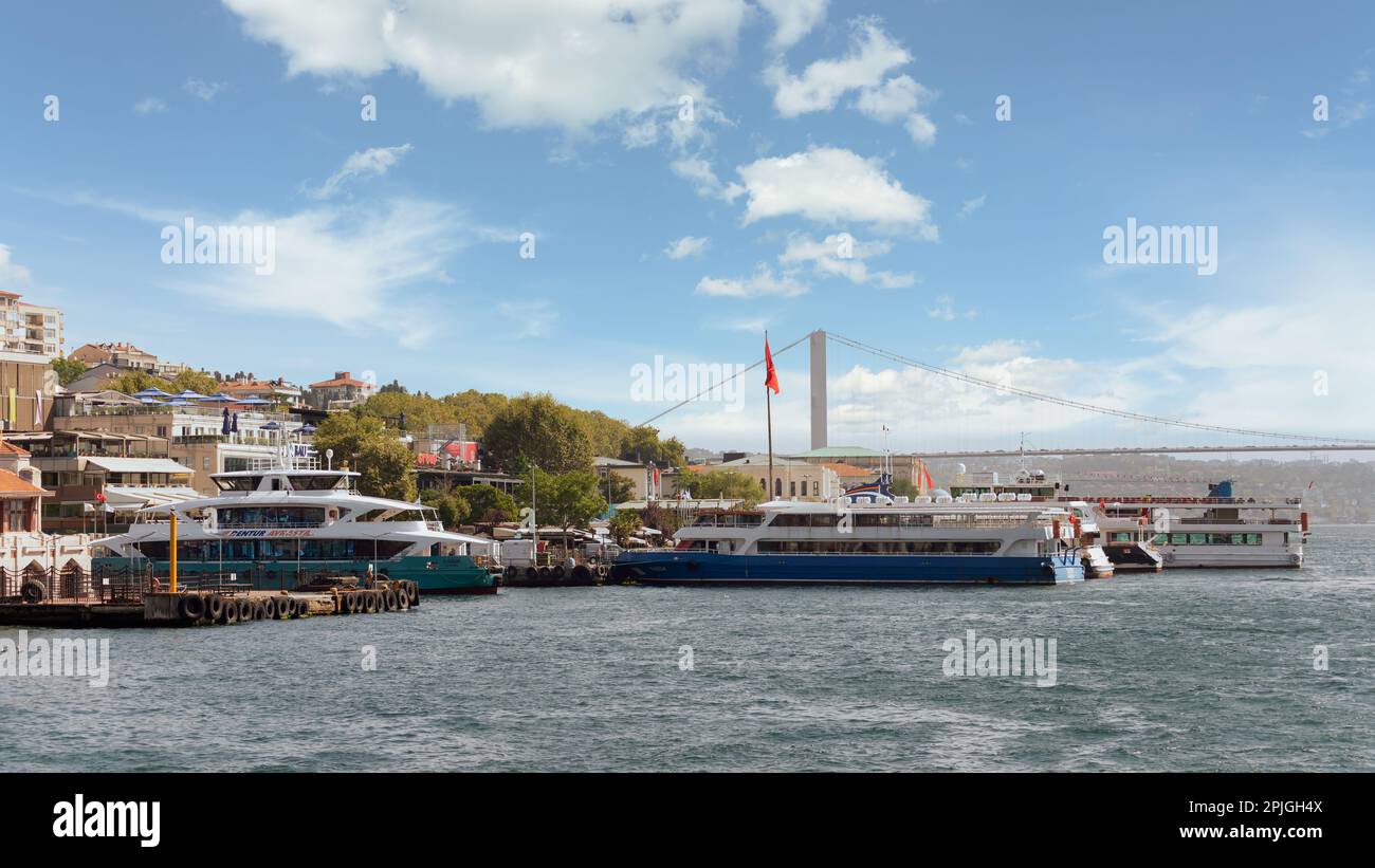 View of the European coast of the Bosporus strait in Besiktas district ...