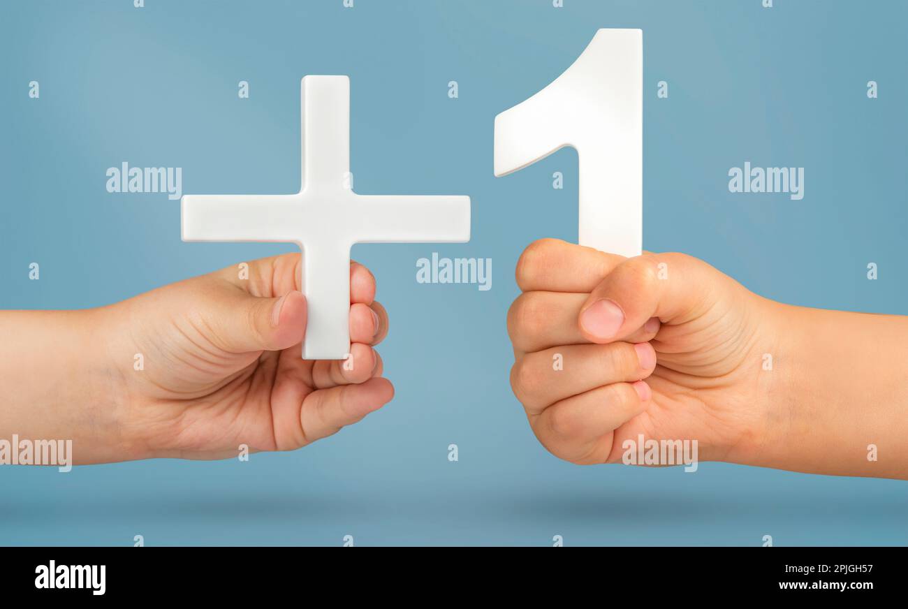 Plus one, plus size, add one concept. White number 1 with a plus in ...