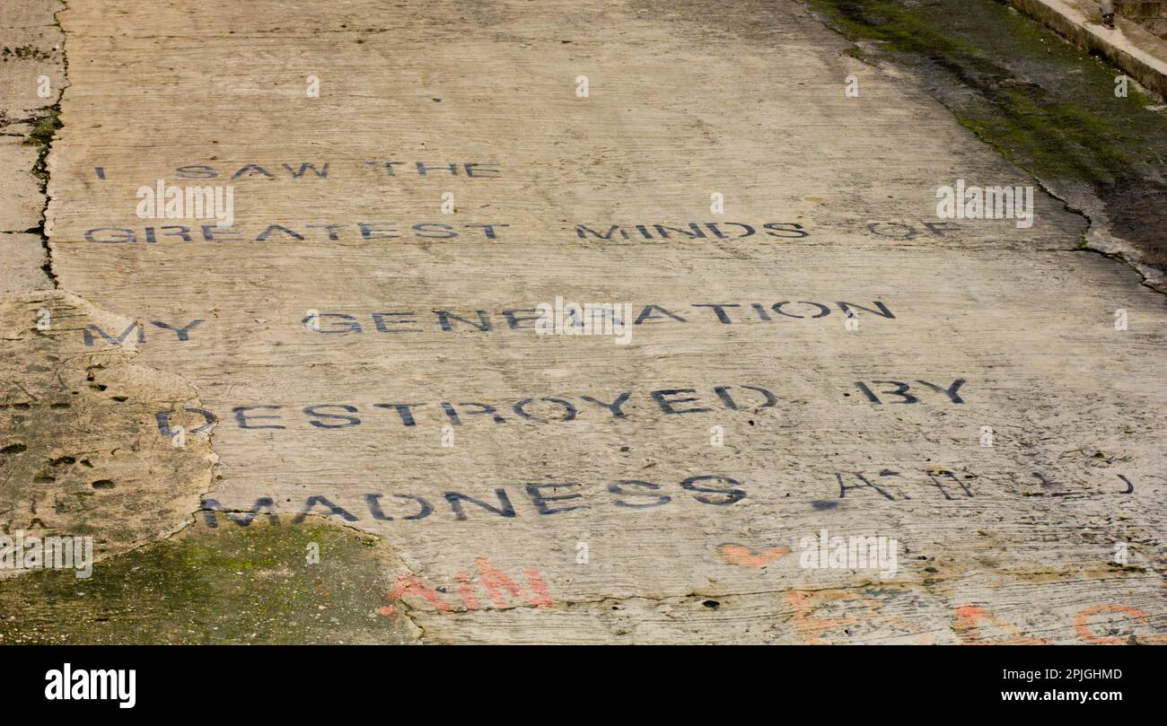 Opening lines from the Allen Ginsberg poem The Howl. Stencilled onto a ...