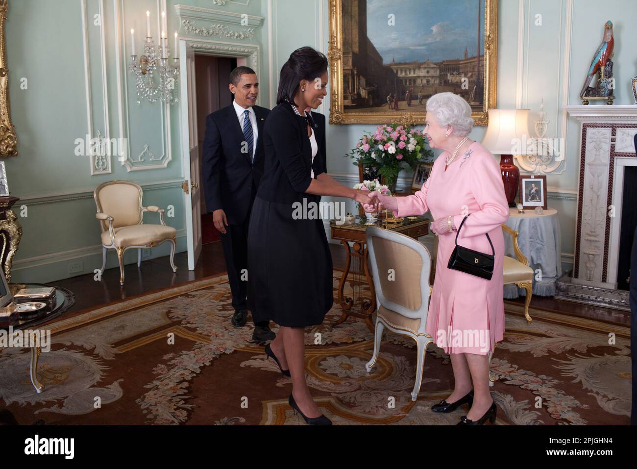 President Barack Obama and First Lady Michelle Obama are welcomed by ...