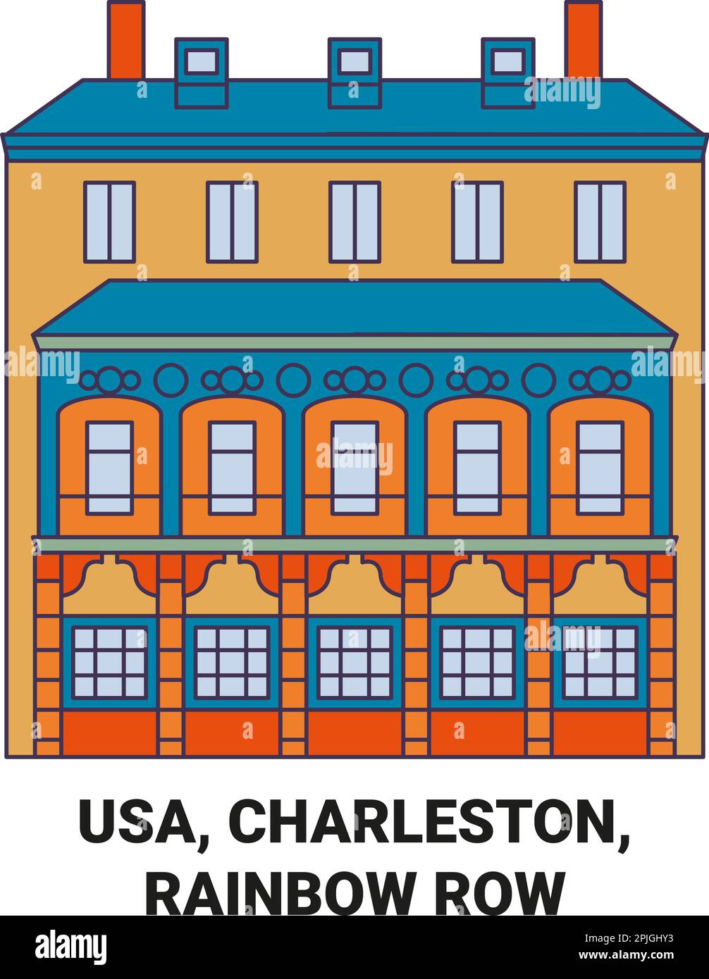 Usa, Charleston, Rainbow Row travel landmark vector illustration Stock ...