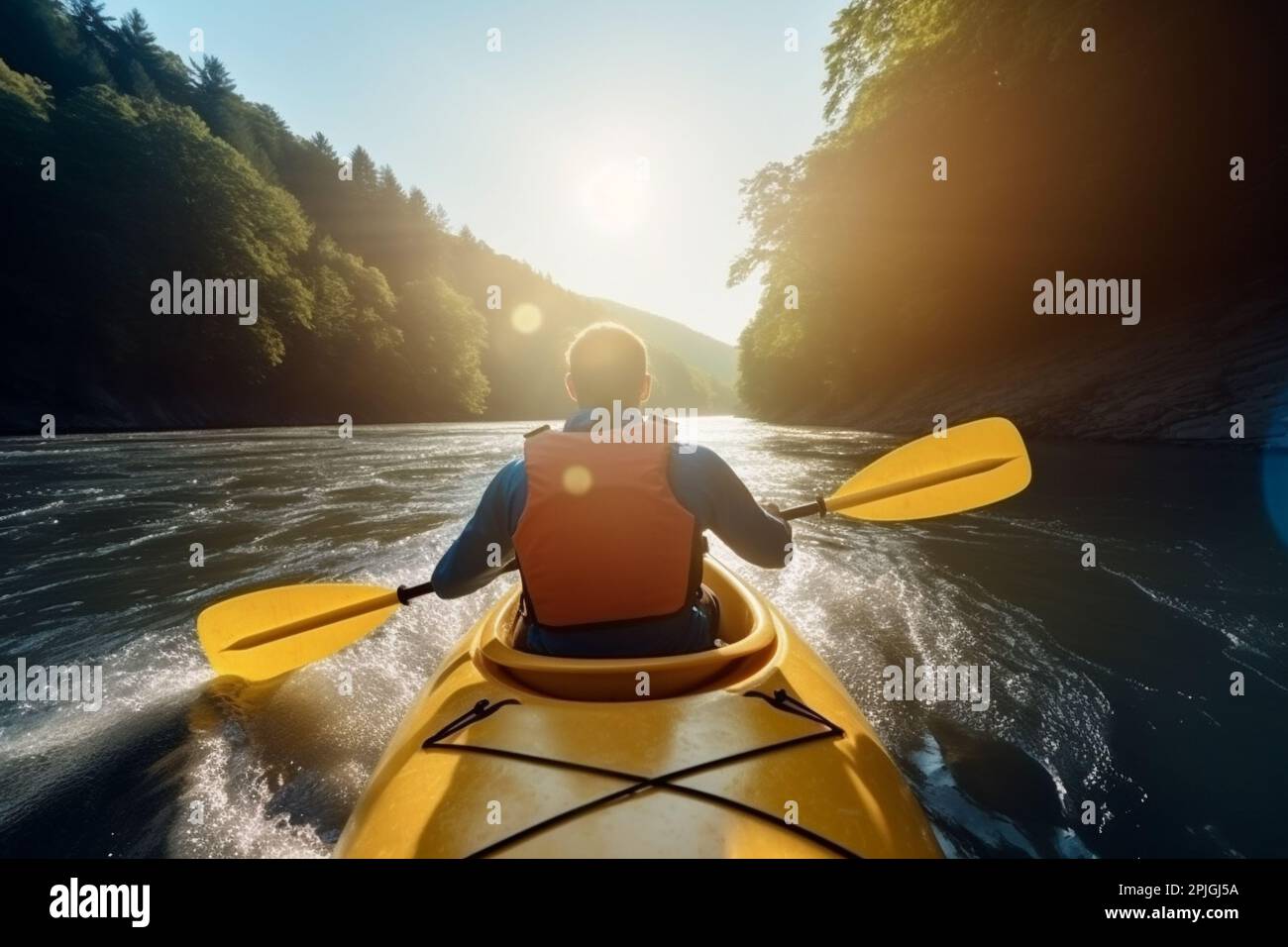 Back view man in kayak sails mountain river with sun light Stock Photo ...