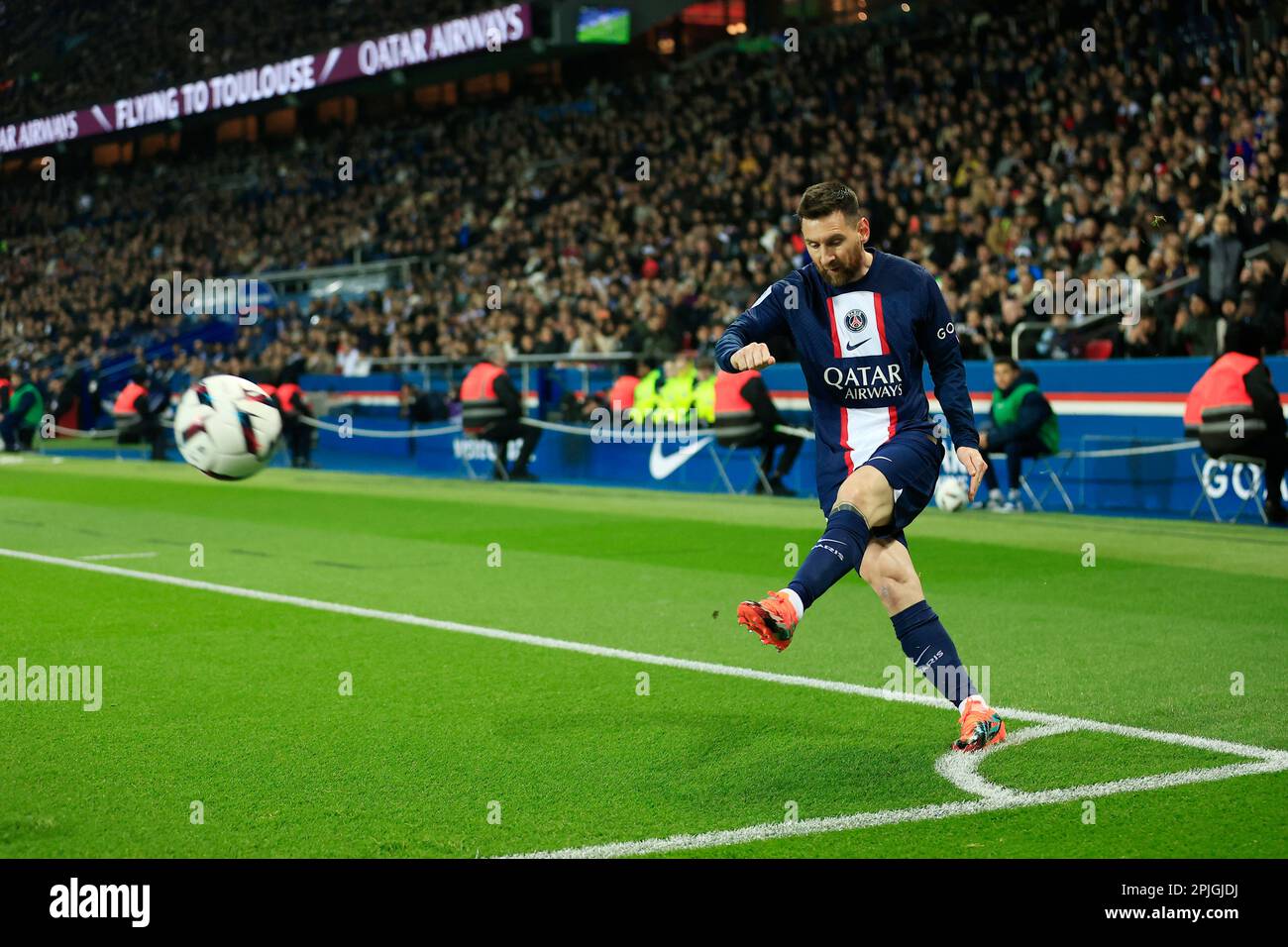 PSG's Lionel Messi kicks the corner during the French League One soccer ...